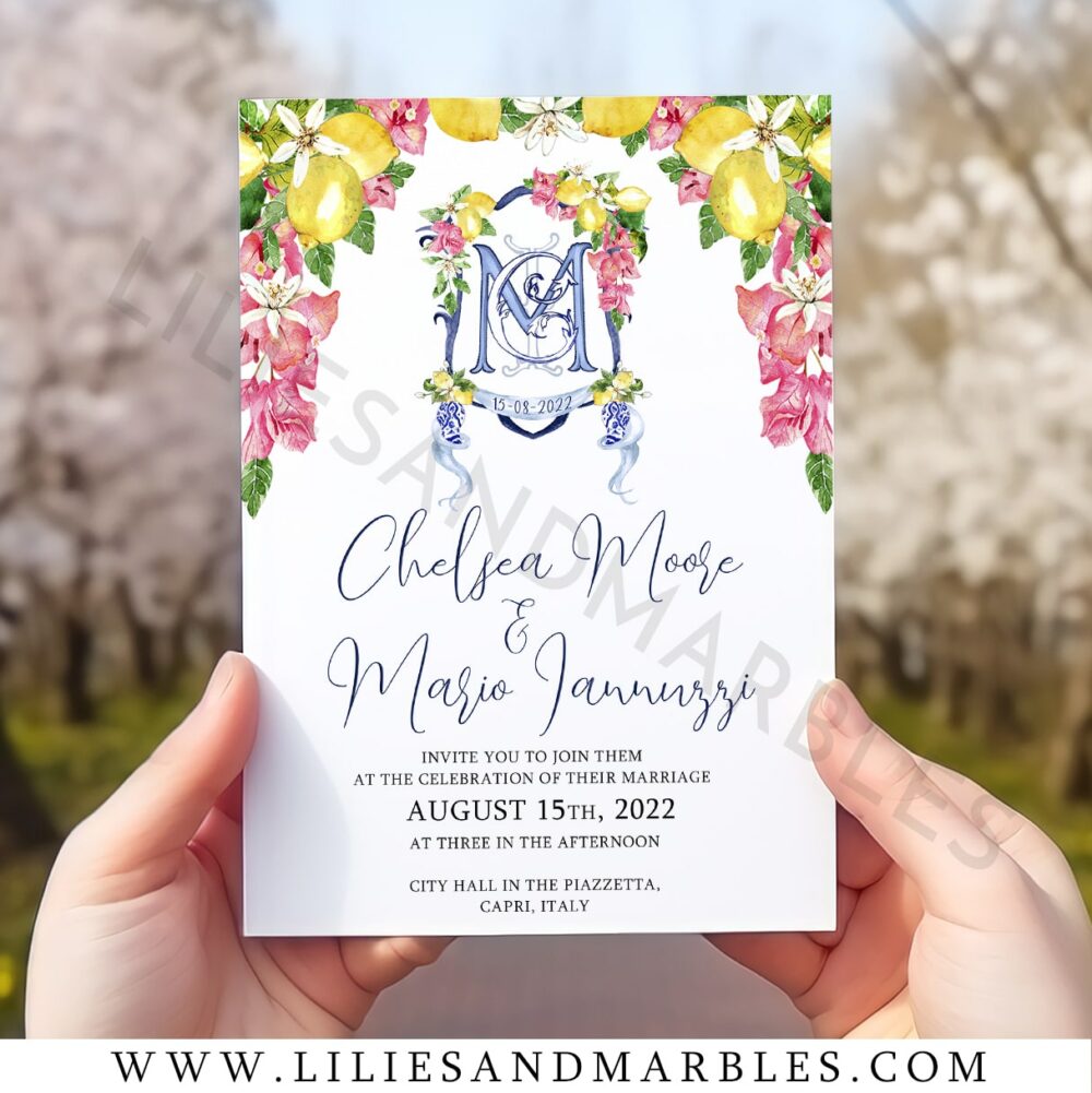 Custom Watercolor Crest Wedding Invitation