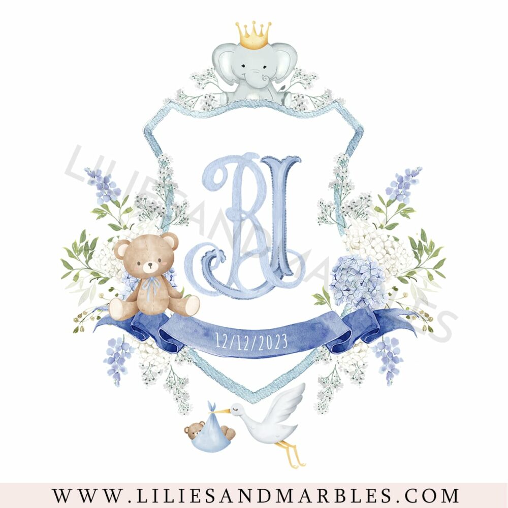 Custom Watercolor Baby Boy Crest
