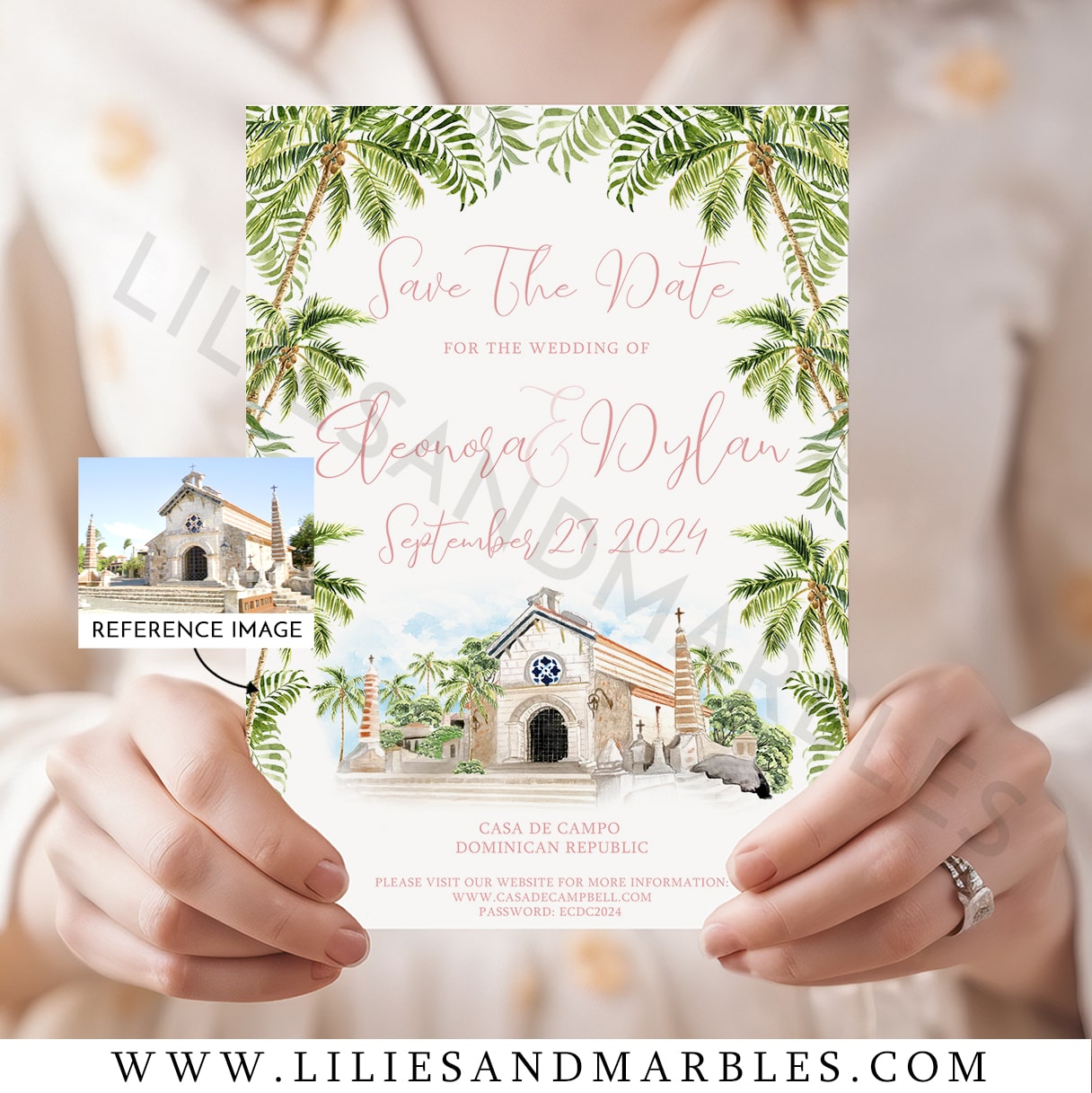 Custom Watercolor Venue Save The Date With Flowers