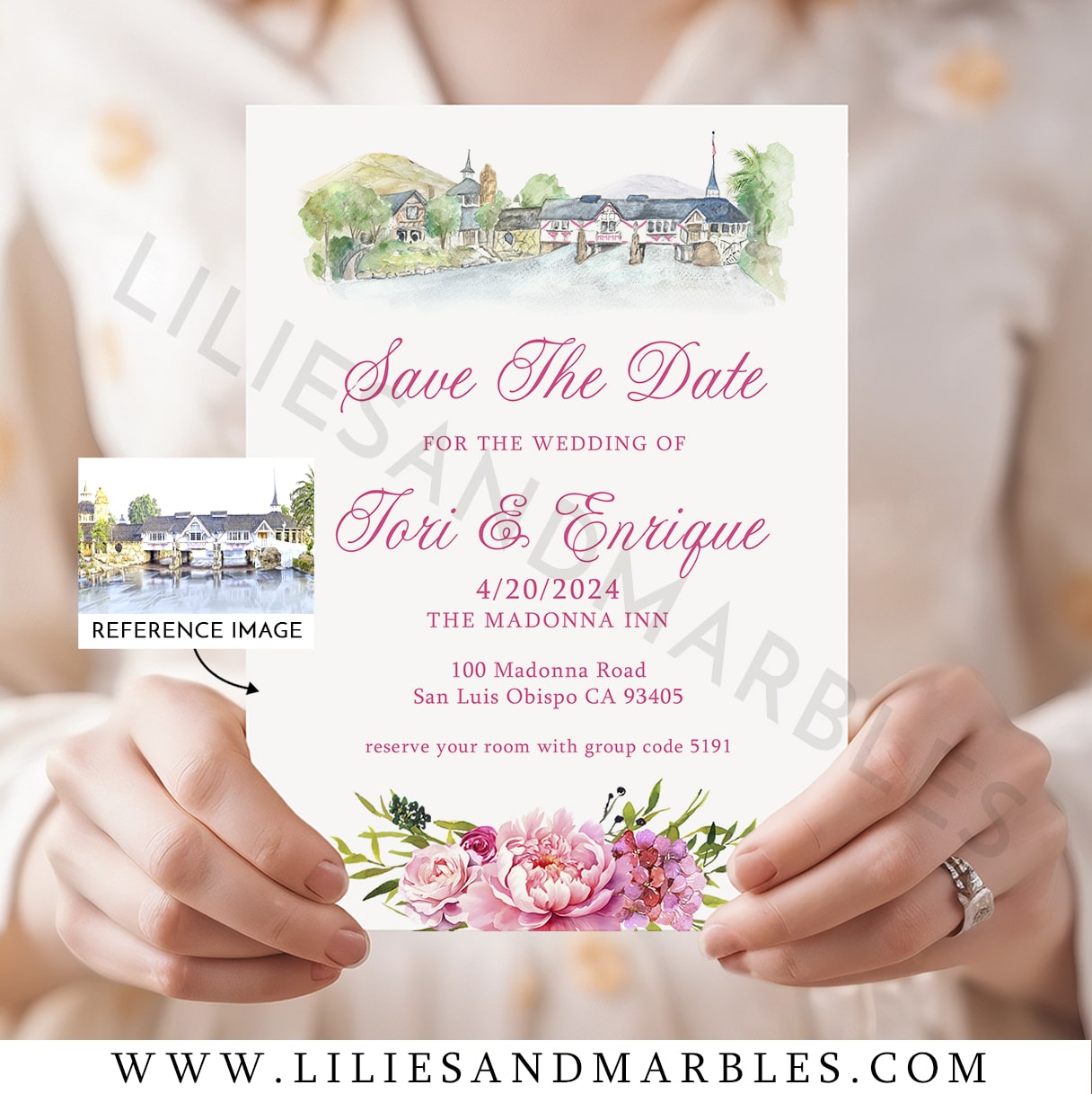 Custom Watercolor Venue Save The Date With Flowers