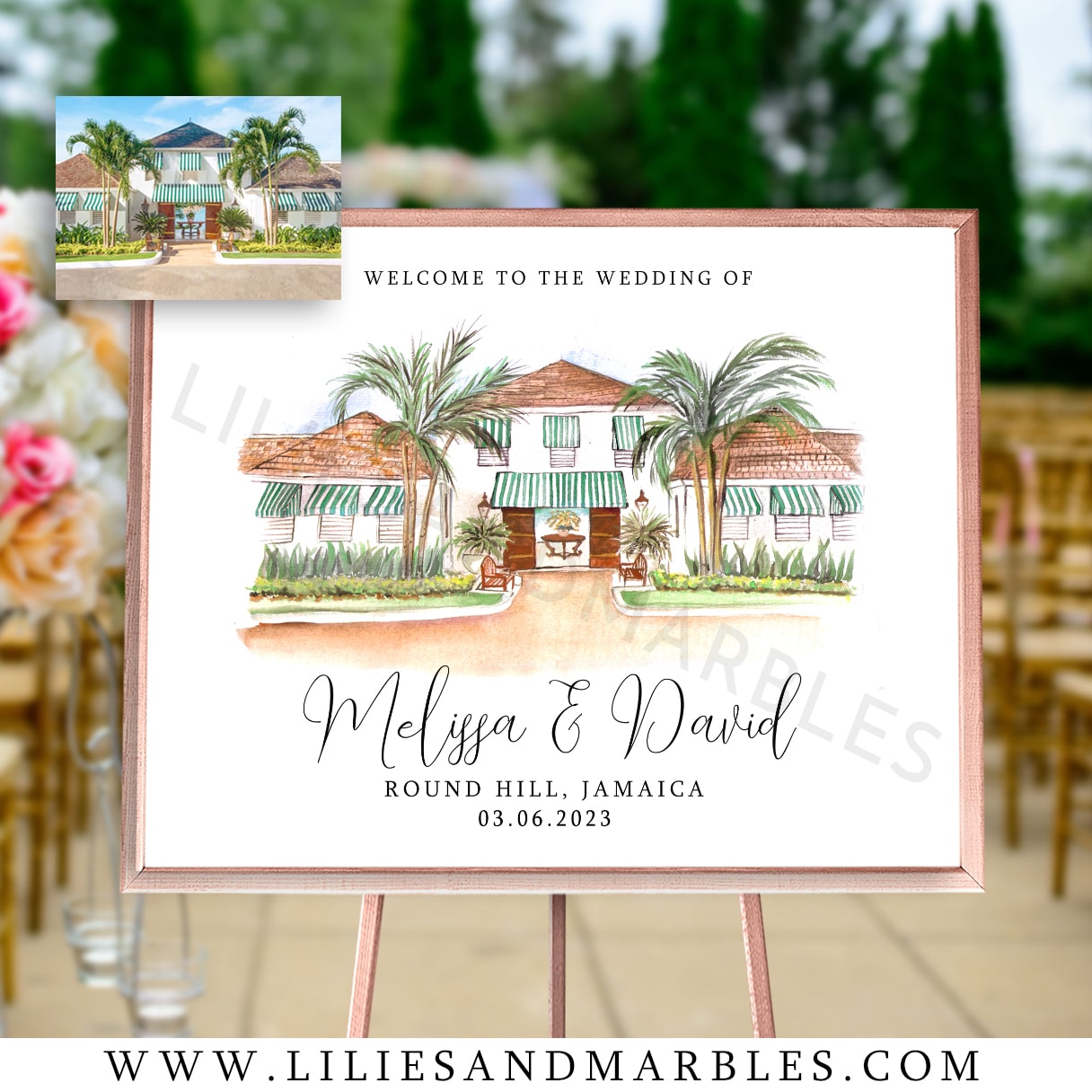 Watercolor Wedding Welcome Sign with Venue Illustration