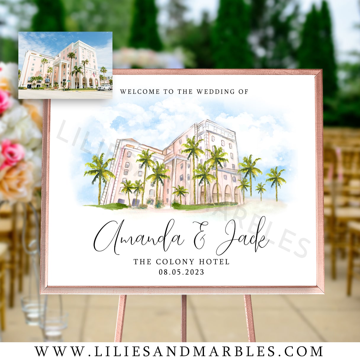 Watercolor Wedding Welcome Sign with Venue Illustration