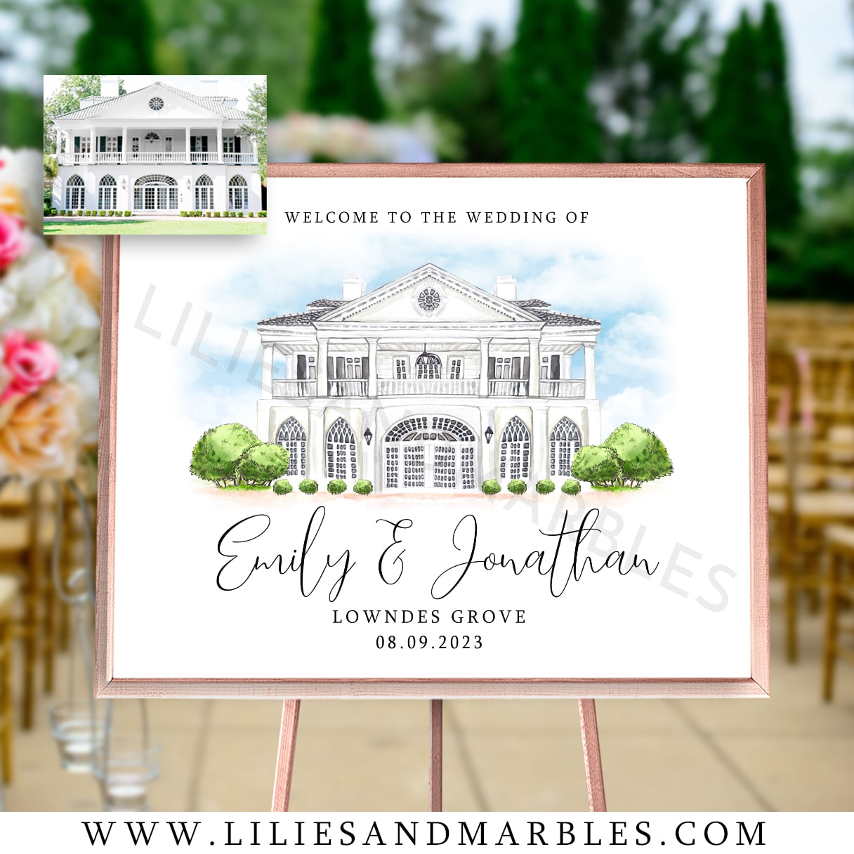 Watercolor Wedding Welcome Sign with Venue Illustration